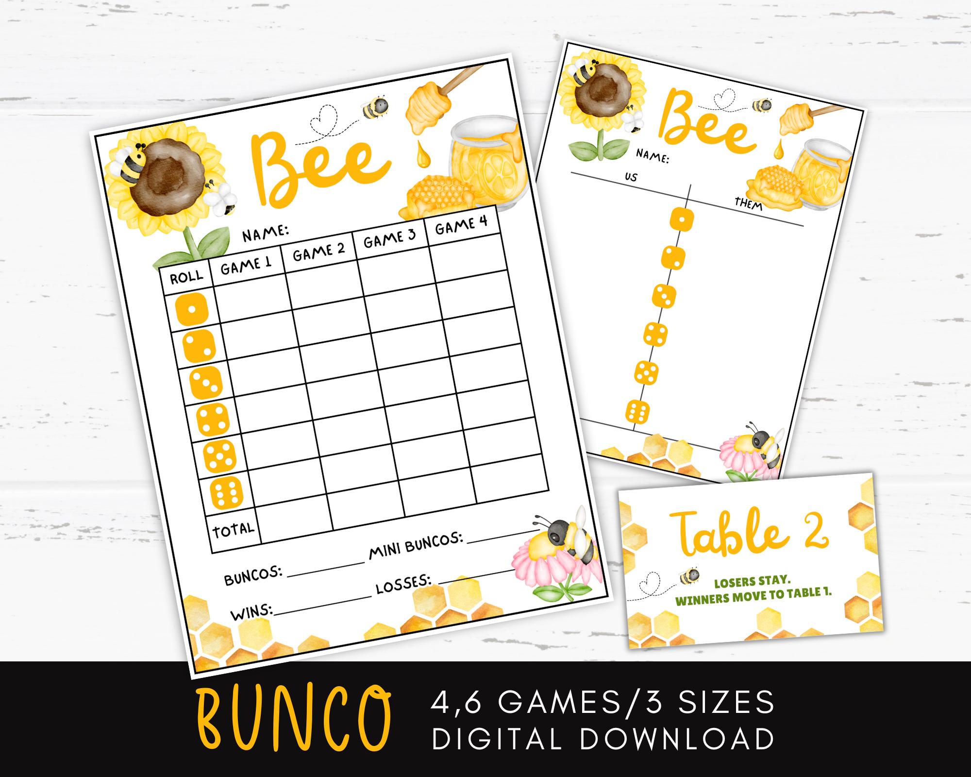 Bee Bunco Score Card Printable 4 and 6 Games, Tally Sheets, Bee Games ...