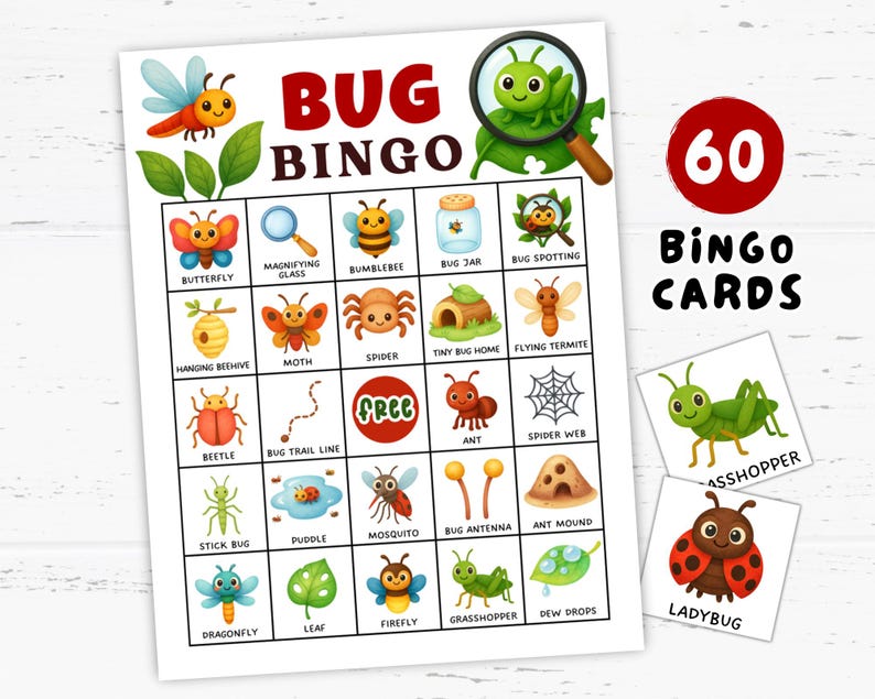 Bug Bingo Game 60 Cards Printable, Insect-themed Activity, Nature ...
