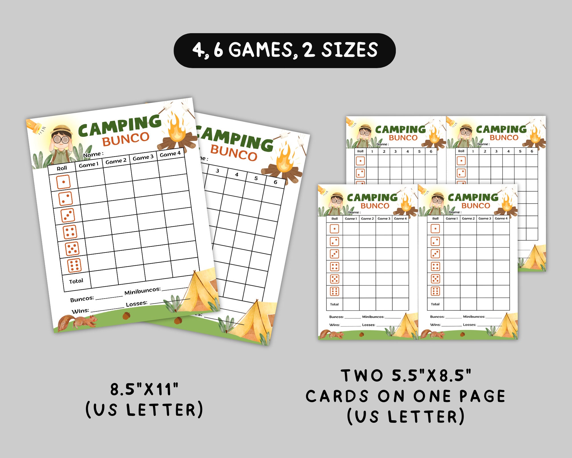 Camping Bunco Score Cards Printable, Camping Tally Sheets, Camping ...