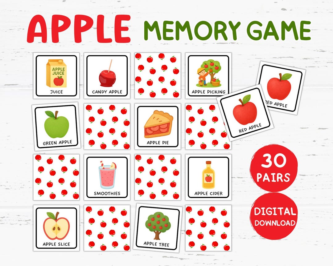 Apple Memory Matching Game Printable, Fall Flashcards Kids, Fall Games ...