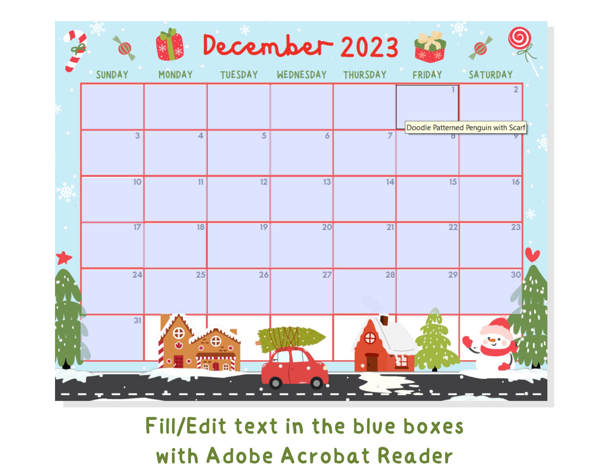 EDITABLE December 2023 Printable Calendar, Cute Christmas Calendar ...