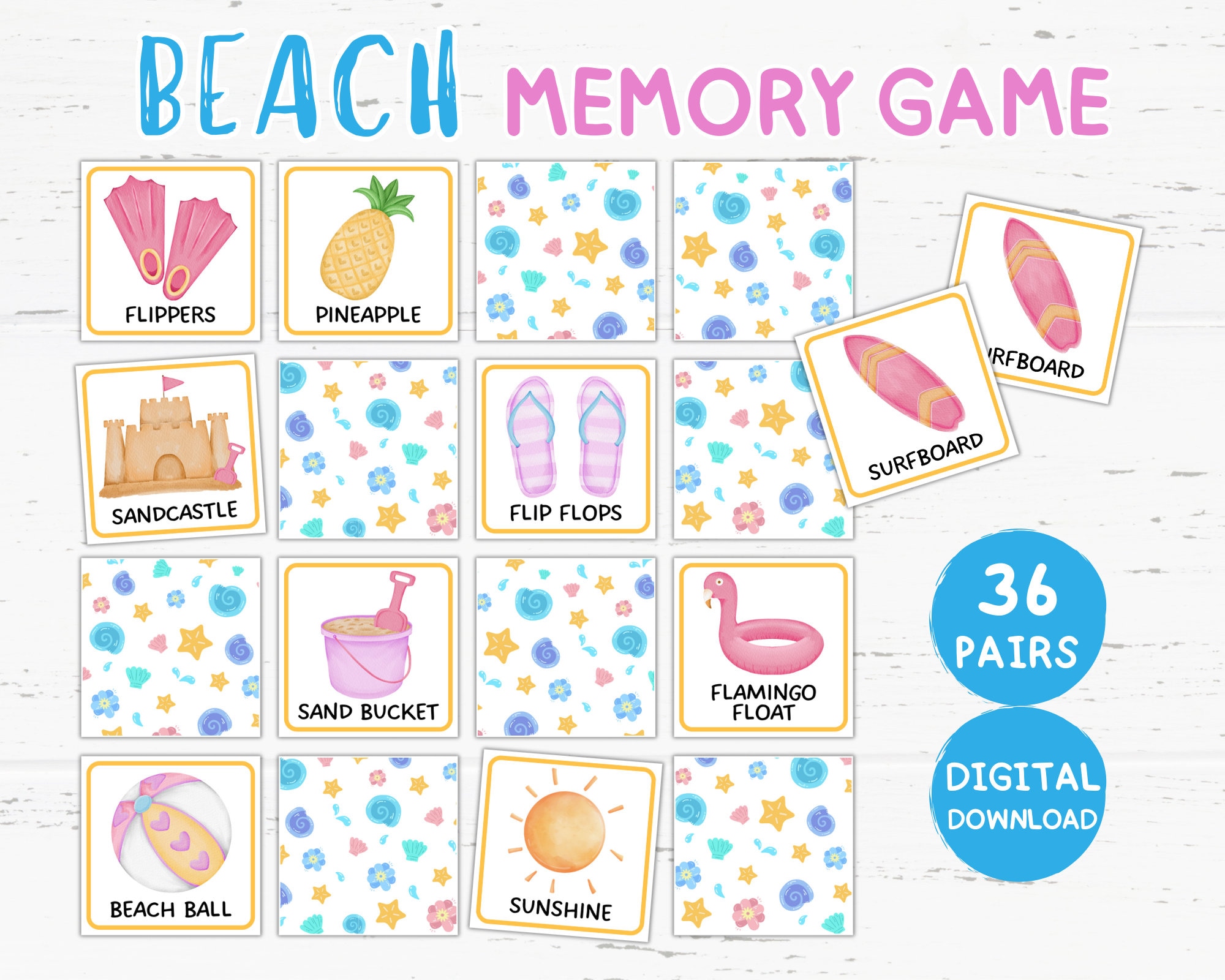 Beach Memory Game Printable, Beach Matching Game, Beach Flashcards ...