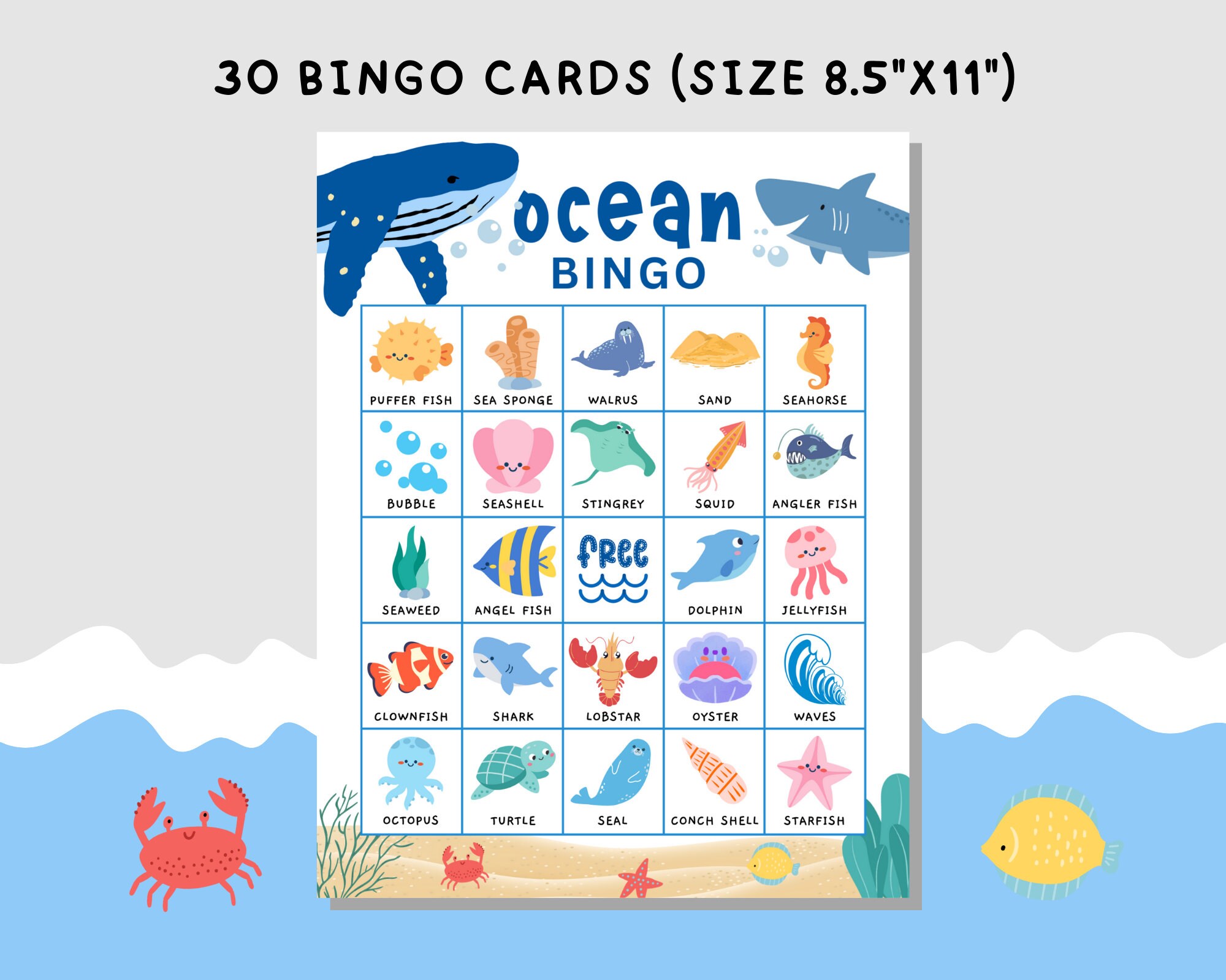 Ocean Bingo imprimible, juegos de actividades oceánicas, bingo bajo el ...