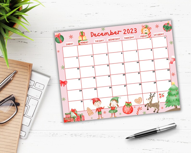 EDITABLE December 2023 Printable Calendar, Pink Elf Calendar Printable ...