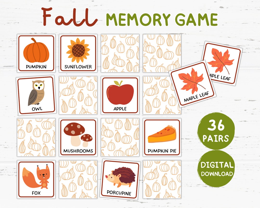 Fall Memory Matching Game Printable, Fall Flashcards, Fall Games, Fall ...