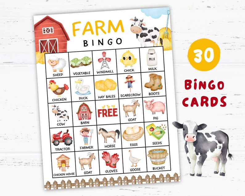 Farm Bingo Card Printable for Kids, Farm Games, Farm Party Favors, Farm ...