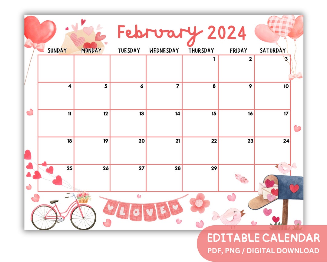 EDITABLE February 2024 Calendar Printable, Cute Kids Calendar 2024 ...