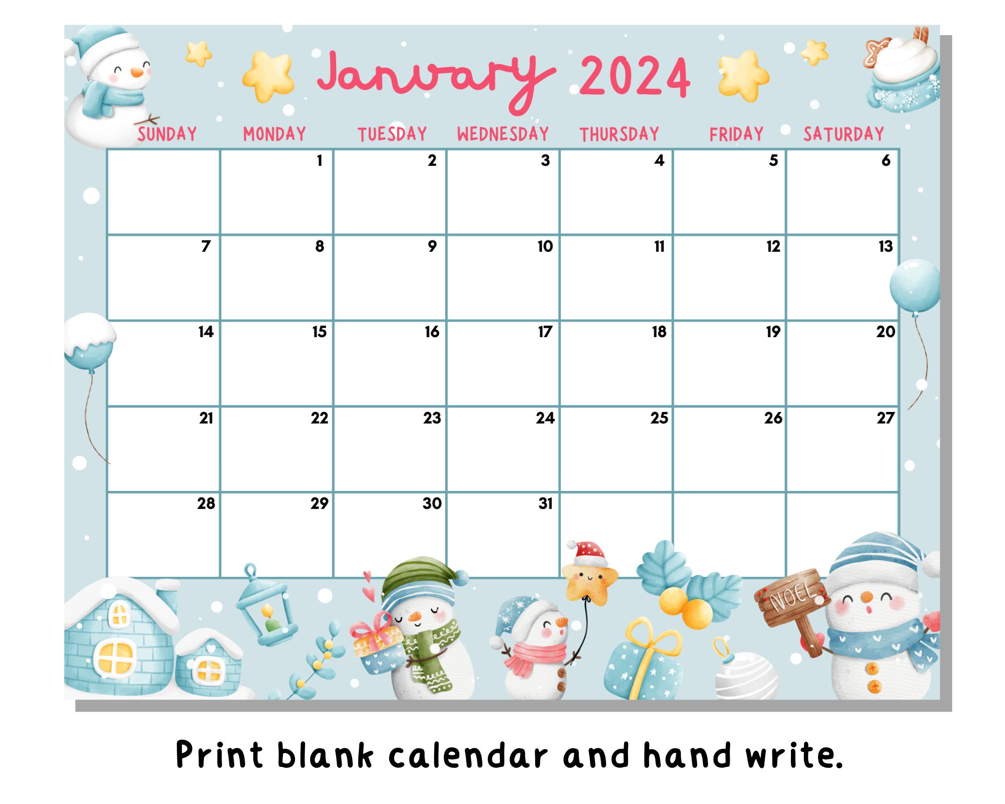 EDITABLE January 2024 Calendar Printable, Snowman Calendar, Blue Winter ...