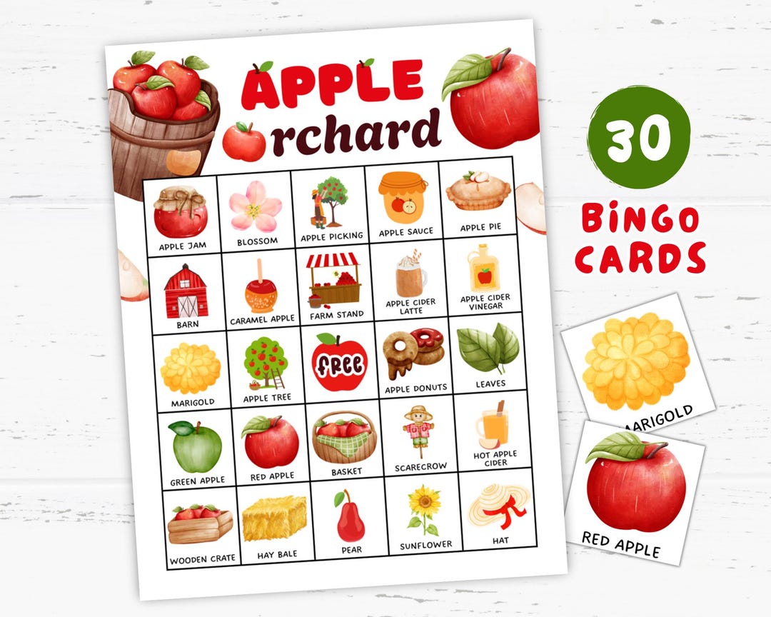Apple Orchard Bingo Game Printable 30 Cards, Fruit Bingo, Fall Games ...