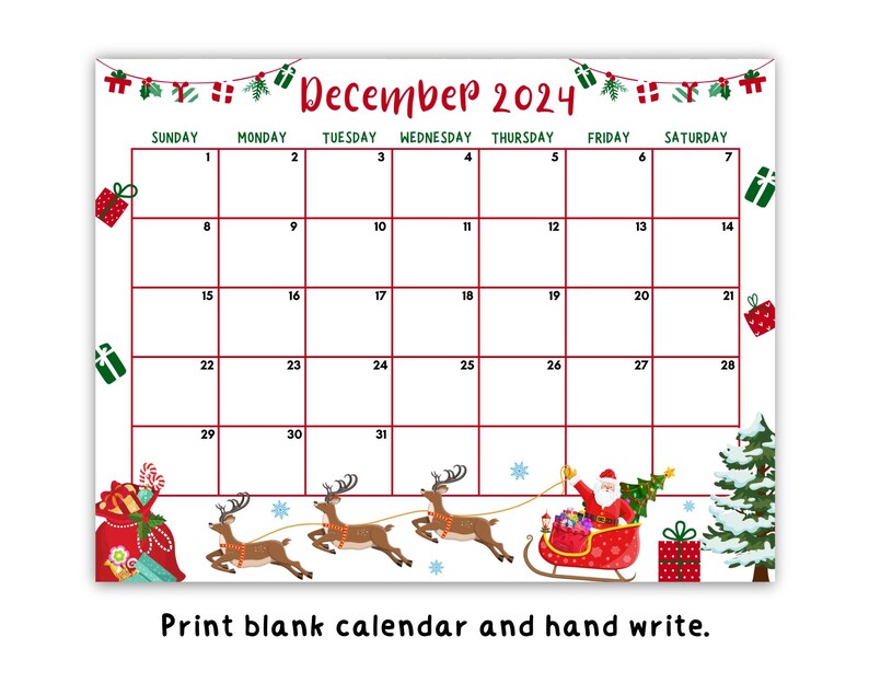 EDITABLE December 2024 Printable Calendar, Cute Santa Calendar, Winter ...