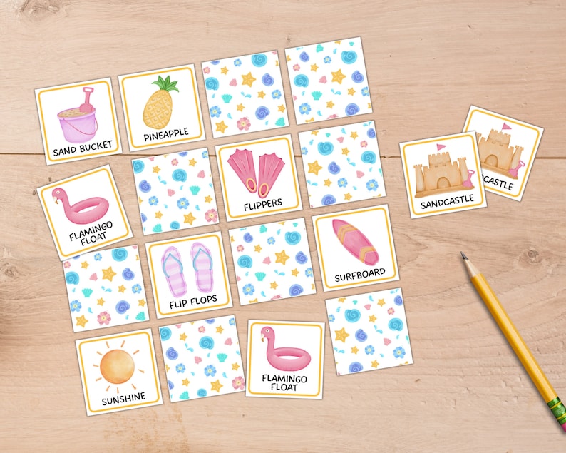 Beach Memory Game Printable, Beach Matching Game, Beach Flashcards, Summer Memory Game, Summer ...