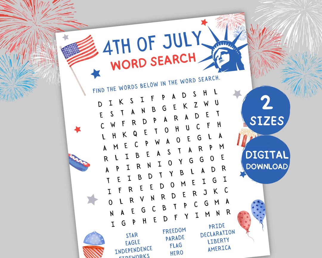 4th of July Word Search Puzzle Printable, Fourth of July Party Games ...