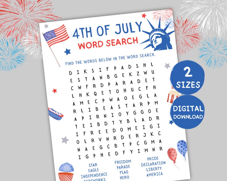 4th of July Word Search Puzzle Printable, Fourth of July Party Games ...