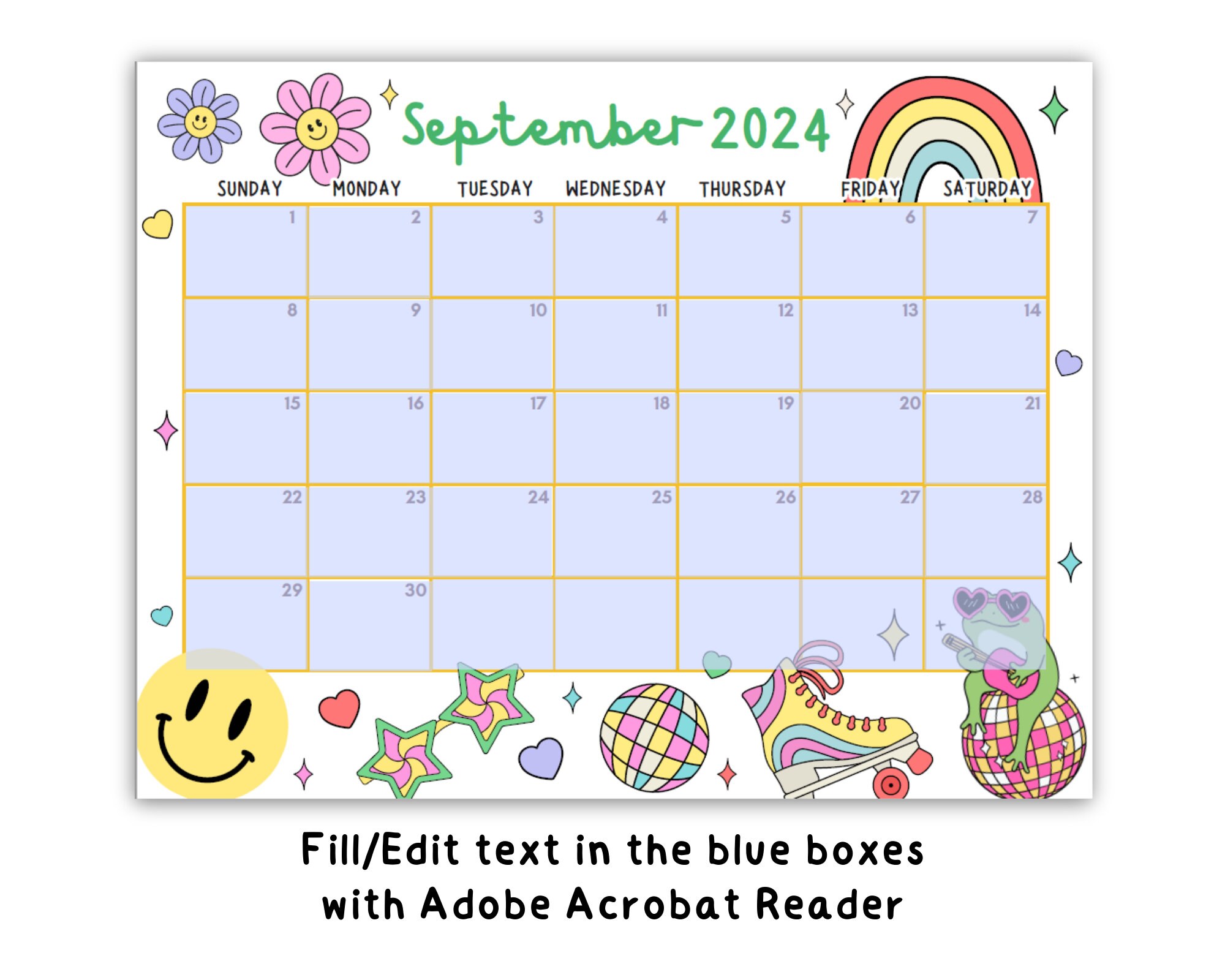 EDITABLE September 2024 Calendar Printable, Groovy Calendar 2024, Retro ...