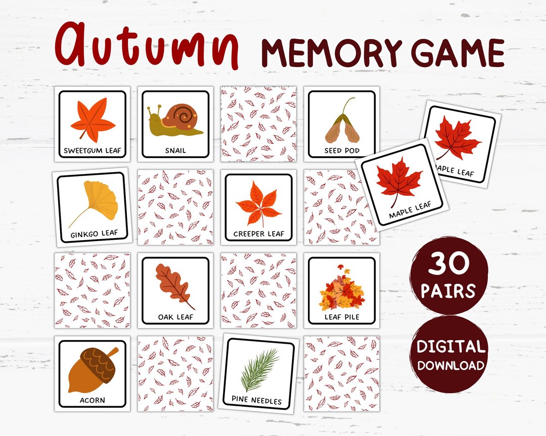 Autumn Memory Matching Game Printable, Autumn Flashcards, Fall ...
