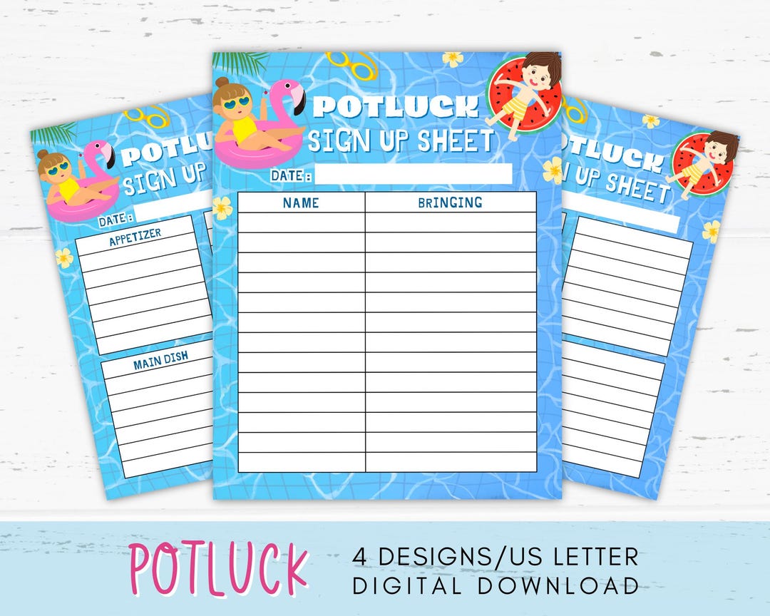 Pool Party Potluck Sign-up Sheet, Printable Summer BBQ and Food Planner ...