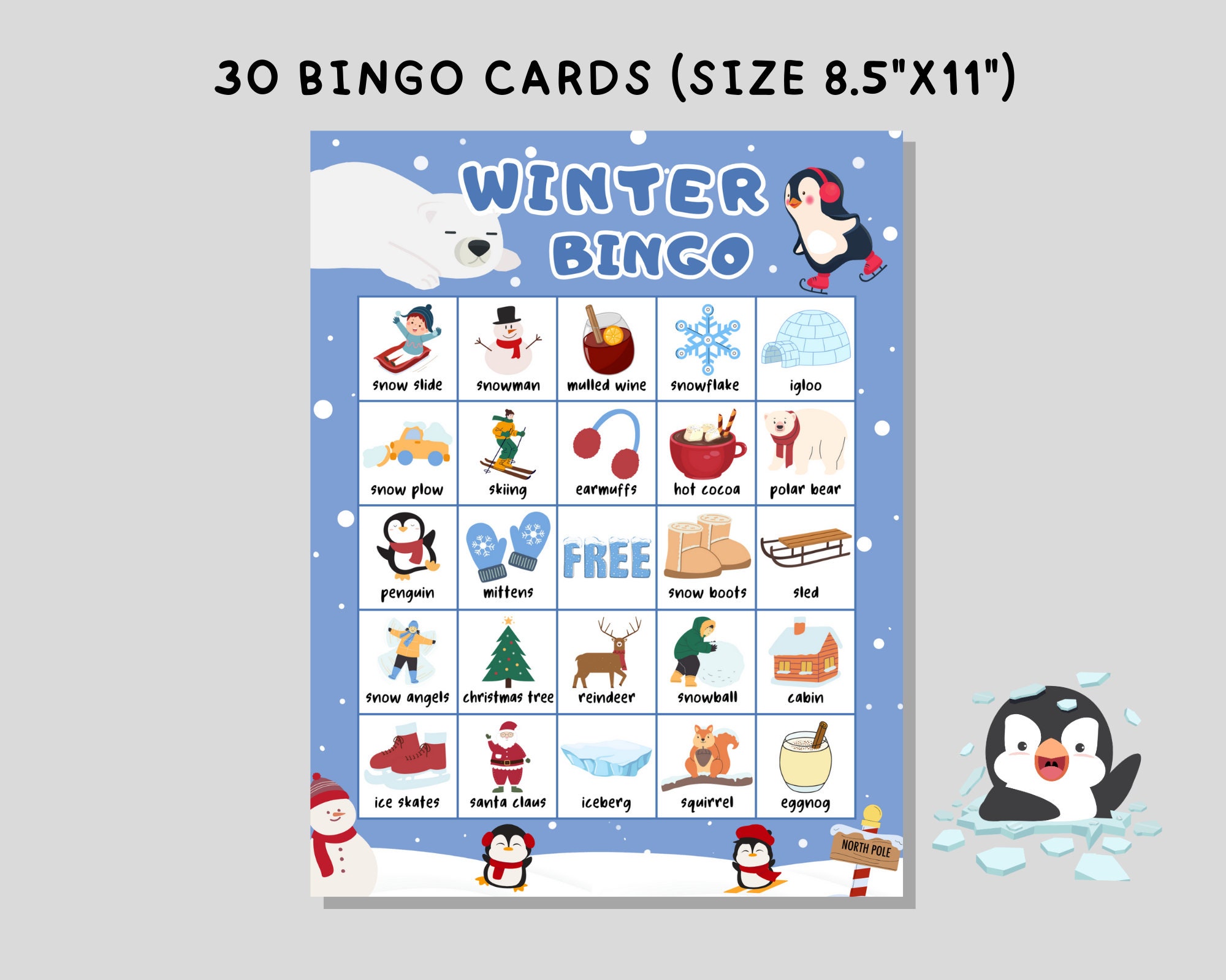 Winter Bingo Cards Printable, Penguin Bingo, Christmas Bingo Cards ...