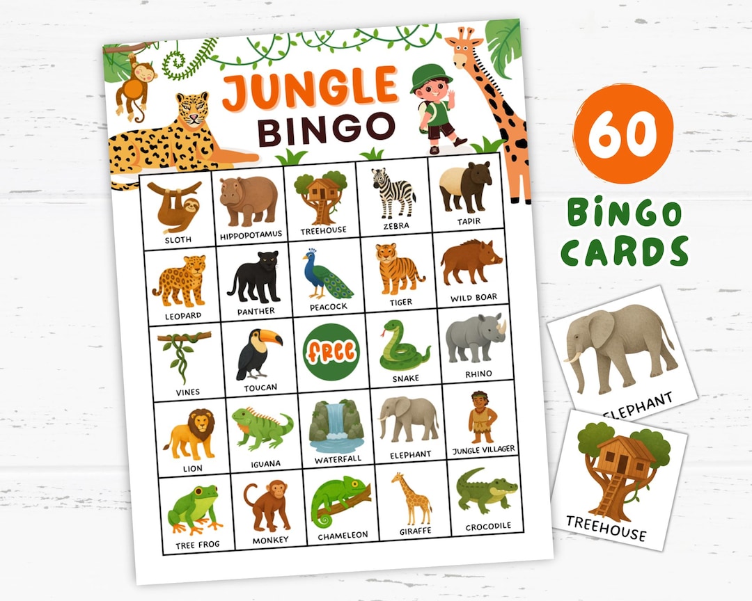 Jungle Bingo Cards Game Printable 60 Cards, Safari Bingo, Jungle Party ...