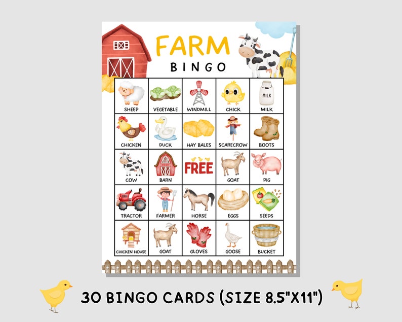 Farm Bingo Card Printable for Kids, Farm Games, Farm Party Favors, Farm ...