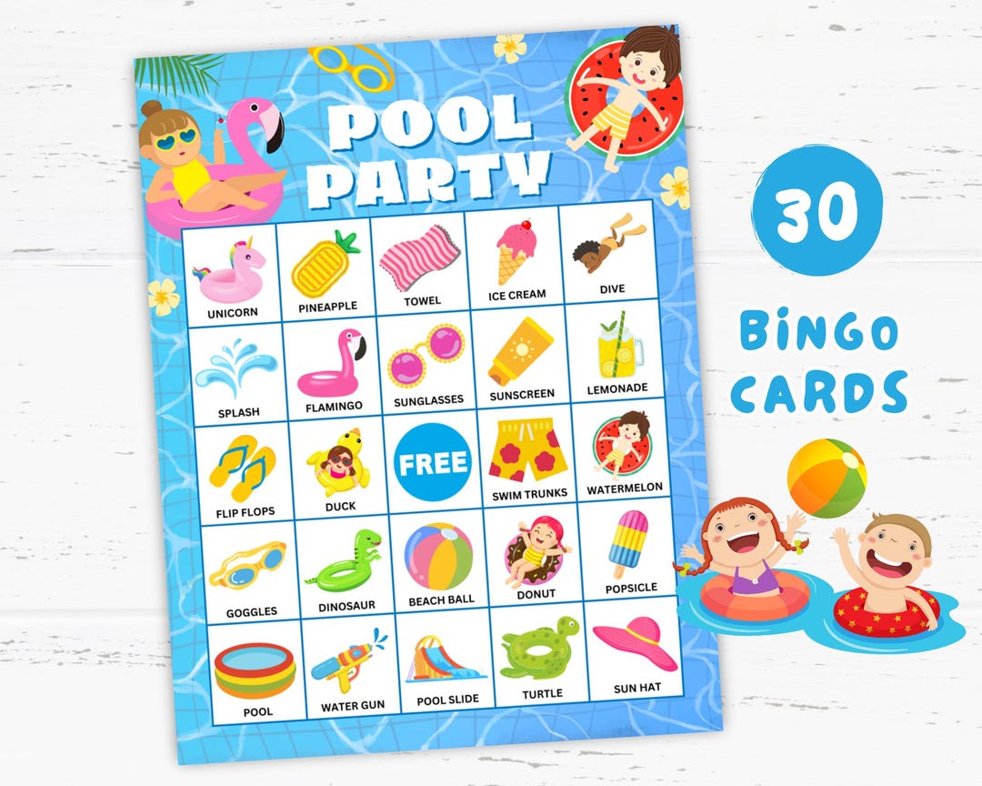 Pool Party Bingo 30 Cards Printable, Fun Summer Swimming Activity for ...