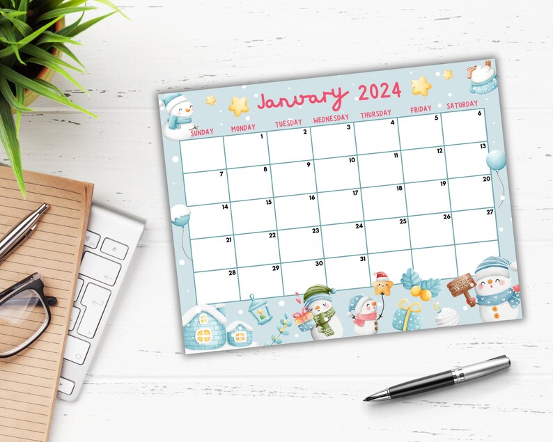 EDITABLE January 2024 Calendar Printable, Snowman Calendar, Blue Winter ...