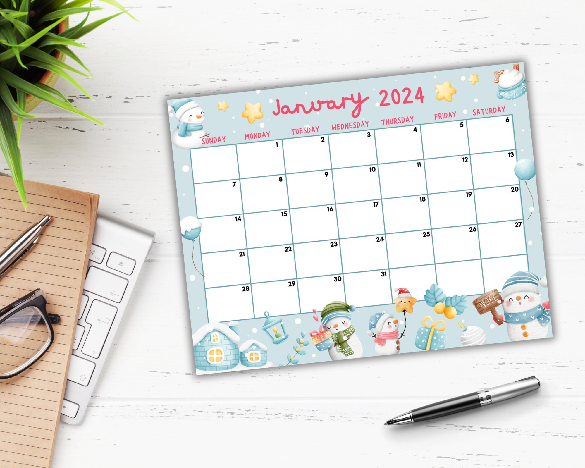 EDITABLE January 2024 Calendar Printable, Snowman Calendar, Blue Winter ...