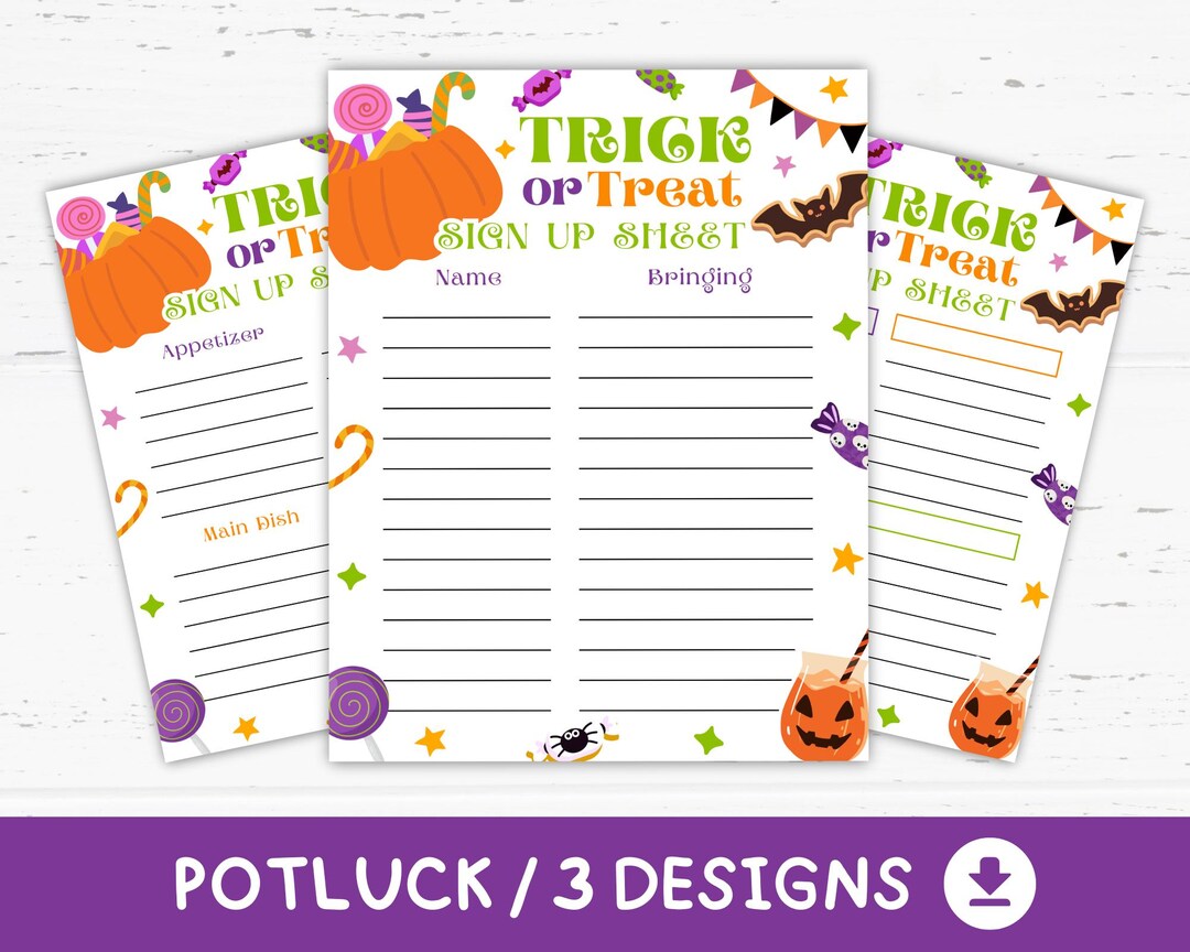 Trick or Treat Halloween Potluck Sign up Sheet Printable, Halloween ...