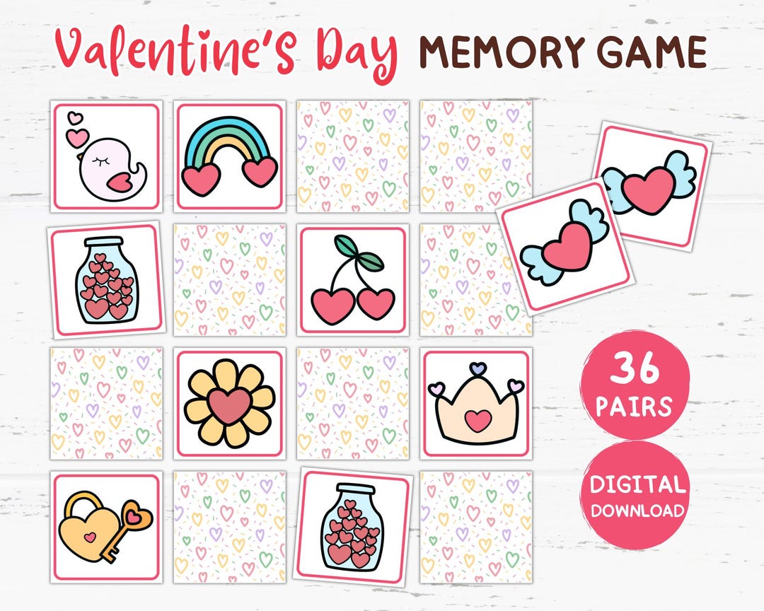 Valentine's Day Memory Game Printable, Valentine Matching Game for Kids ...