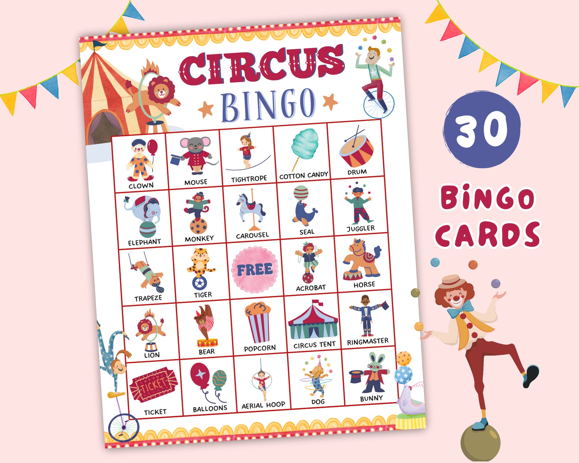 Circus Bingo Card Printable, Circus Games, Circus Birthday Bingo ...