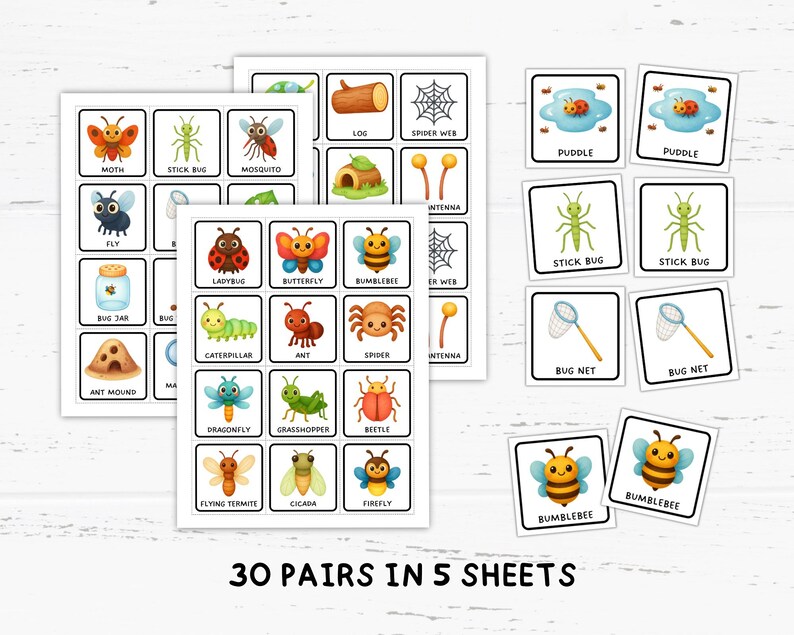 Bug Memory Matching Game for Kids, Printable Insect Learning Activity ...