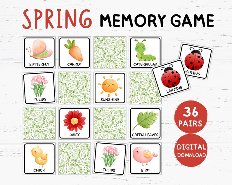 Spring Memory Game Printable for Kids, Spring Matching Game, Spring ...