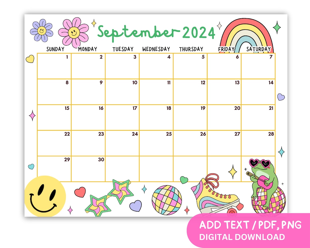 EDITABLE September 2024 Calendar Printable, Groovy Calendar 2024, Retro ...
