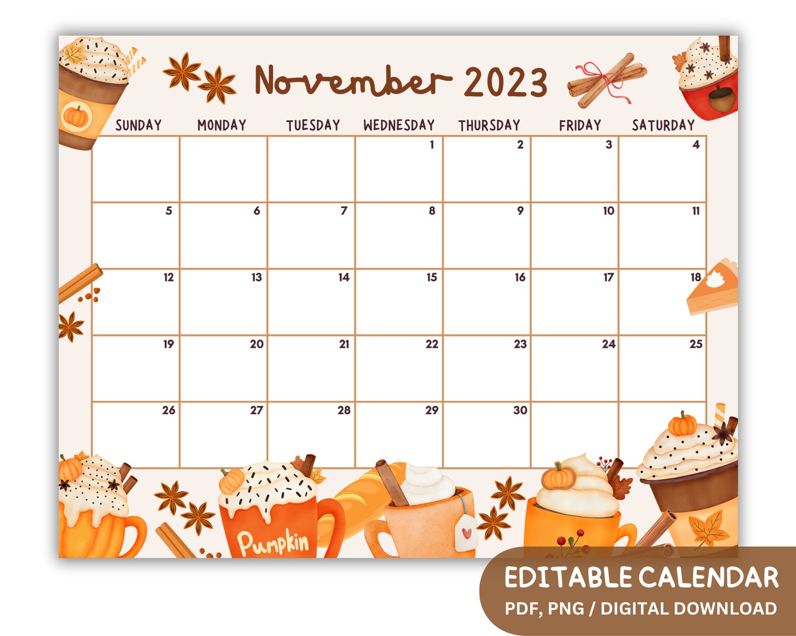 EDITABLE November 2023 Printable Calendar, Coffee Calendar, Fall Autumn ...