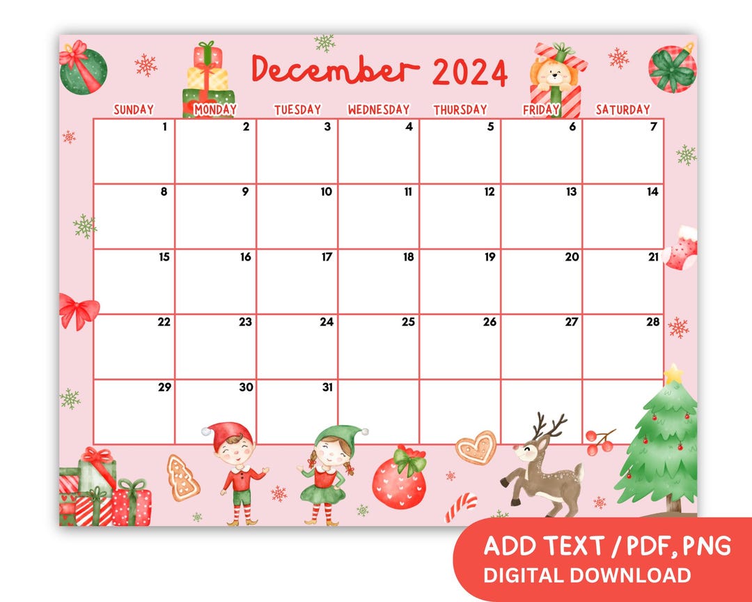 EDITABLE December 2024 Printable Calendar, Pink Elf Calendar Printable ...