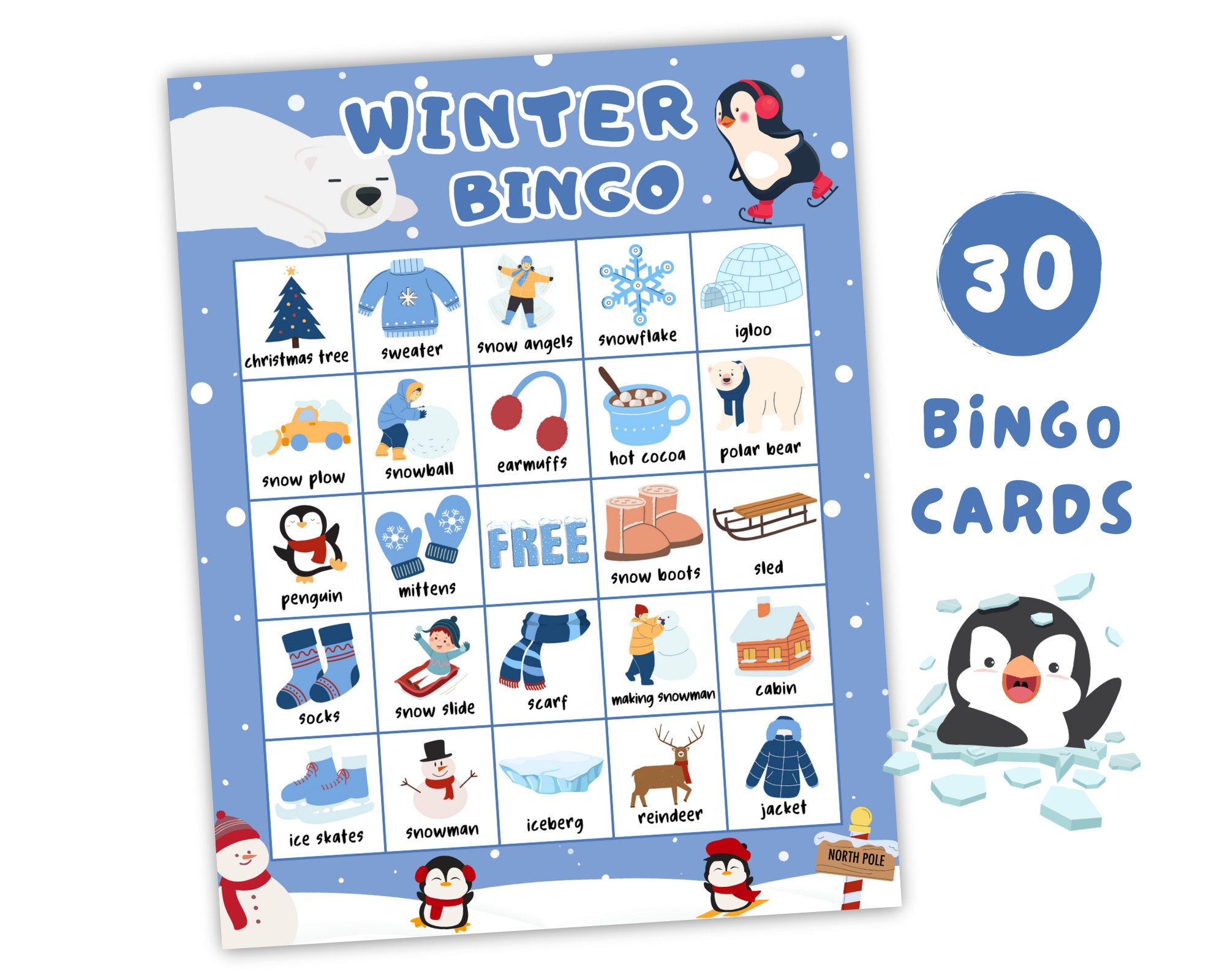 Winter Bingo Cards Printable, Penguin Bingo, Christmas Bingo Cards ...