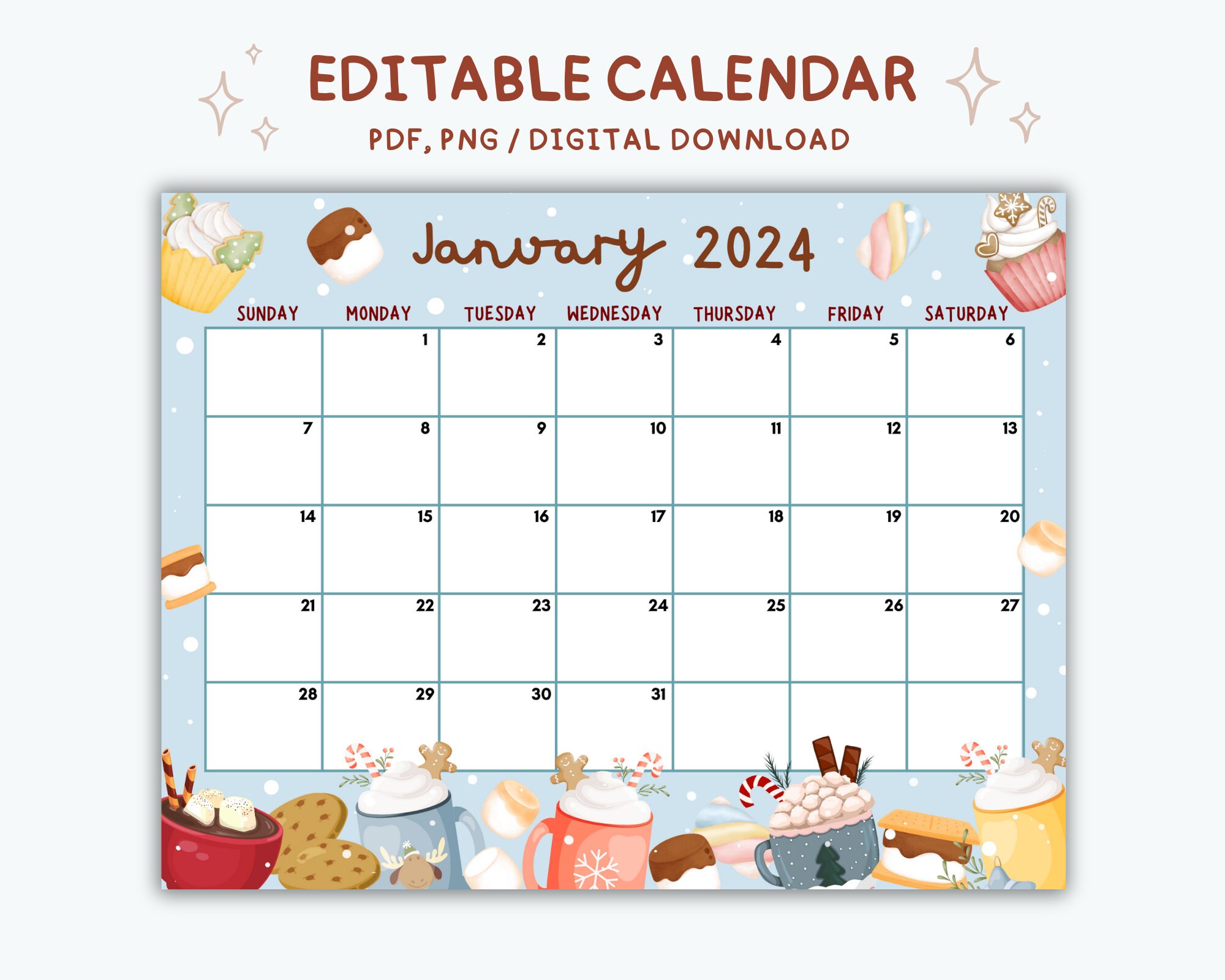 EDITABLE January 2024 Calendar Printable, Coffee Calendar 2024, Winter ...