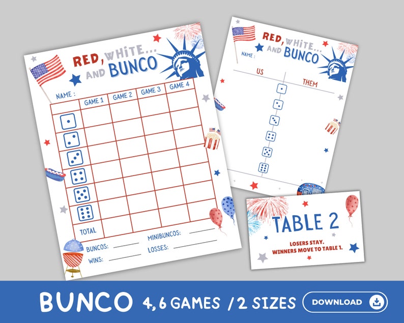 4th of July Bunco Score Cards Printable, Fourth of July Bunco Game, 4th ...
