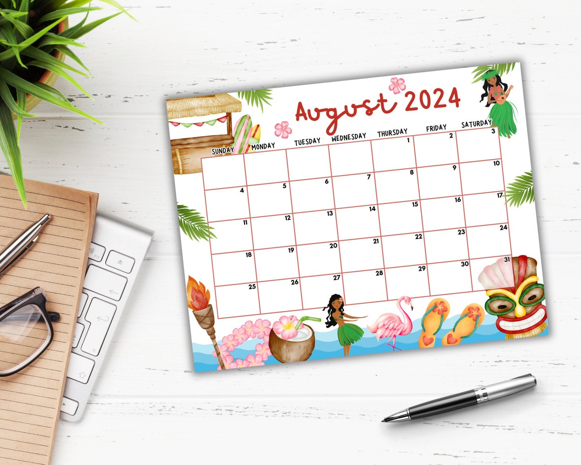 EDITABLE August 2024 Calendar Printable, Summer Calendar 2024, Aloha ...