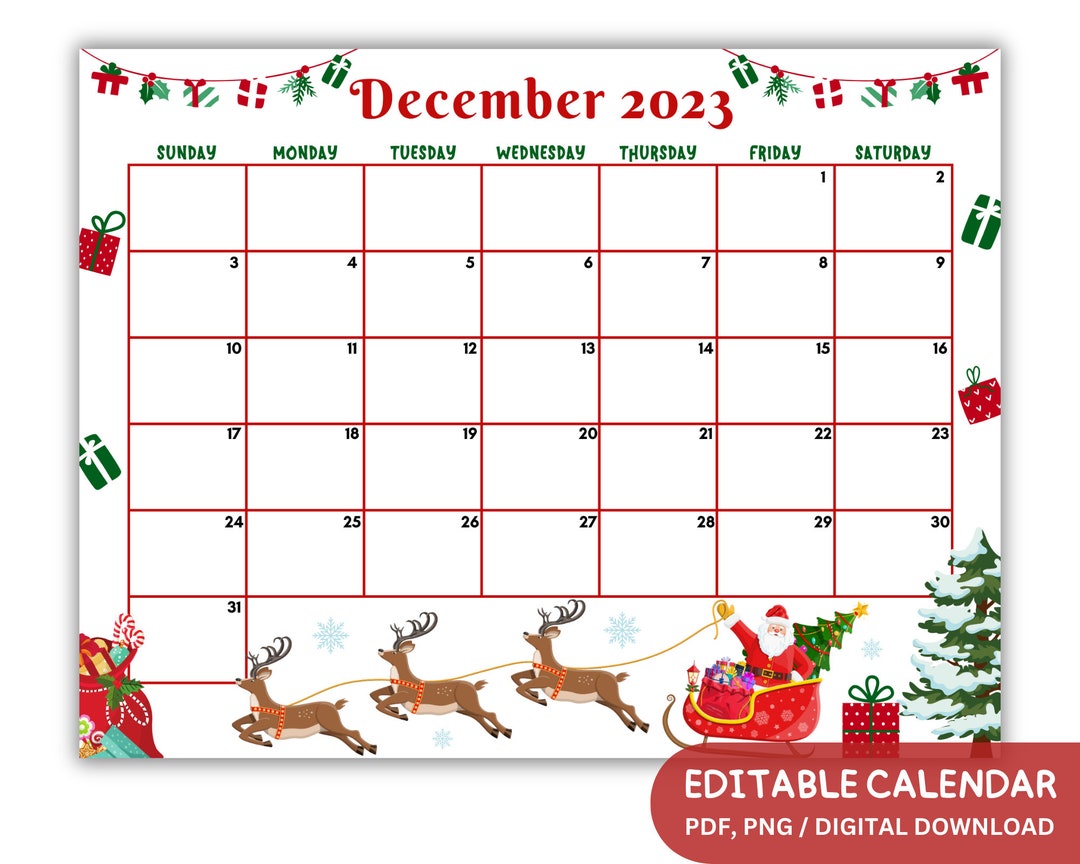 EDITABLE December 2023 Printable Calendar, Cute Santa Calendar, Winter ...
