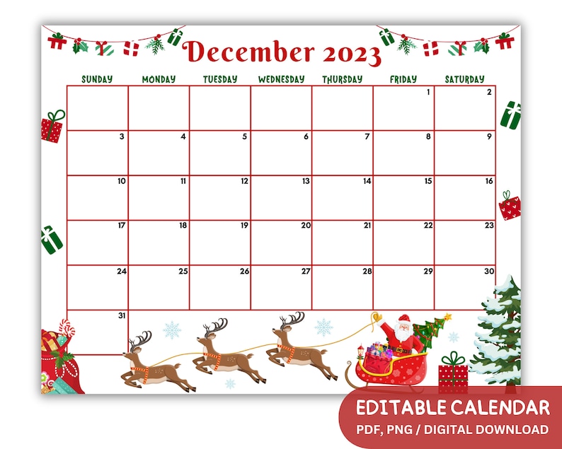 EDITABLE December 2023 Printable Calendar, Cute Santa Calendar, Winter ...