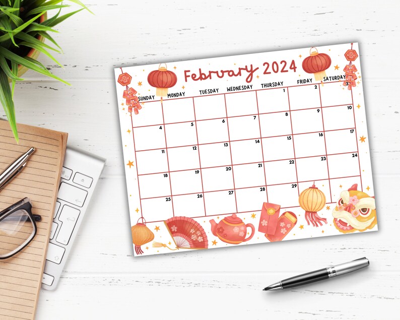 EDITABLE February 2024 Calendar Printable Chinese New Year - Etsy
