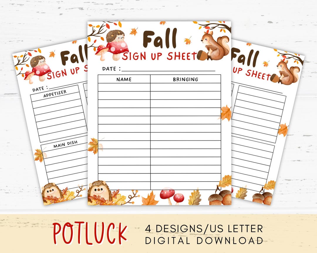 Cute Fall Potluck Sign up Sheet, Fall Picnic Sign up Sheet, Food Sign ...