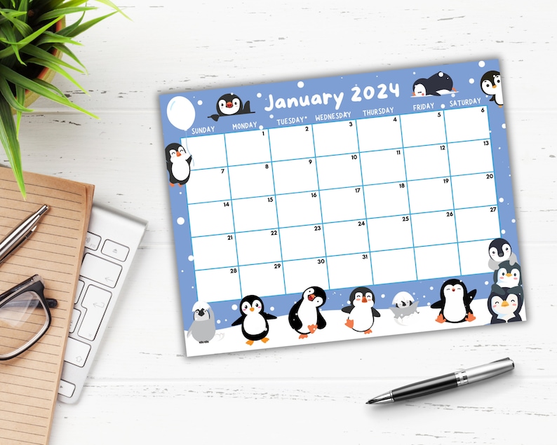 EDITABLE January 2024 Printable Calendar, Penguin Calendar, North Pole ...