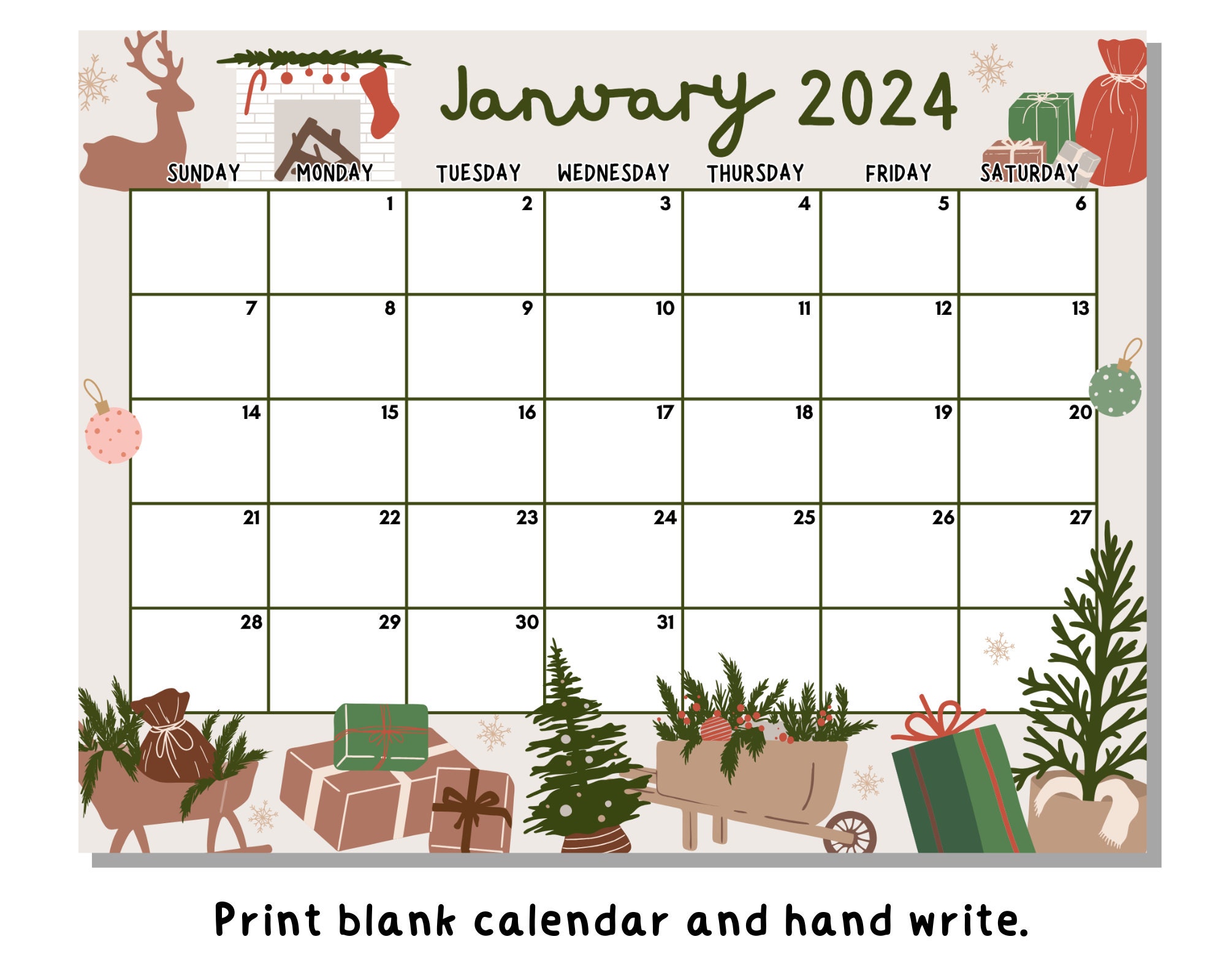 EDITABLE January 2024 Calendar Printable, Boho Calendar 2024, New Year ...