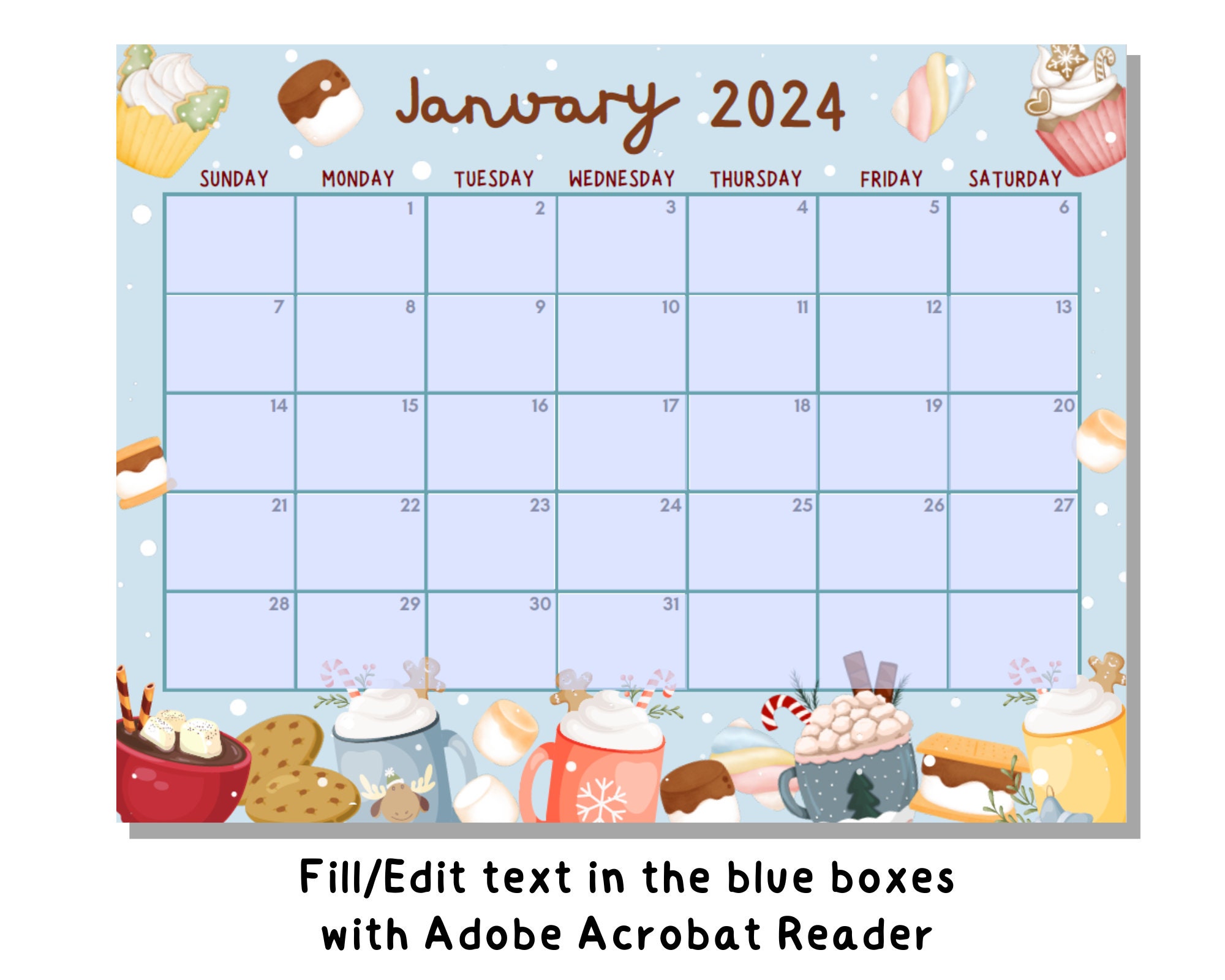 EDITABLE January 2024 Calendar Printable, Coffee Calendar 2024, Winter ...