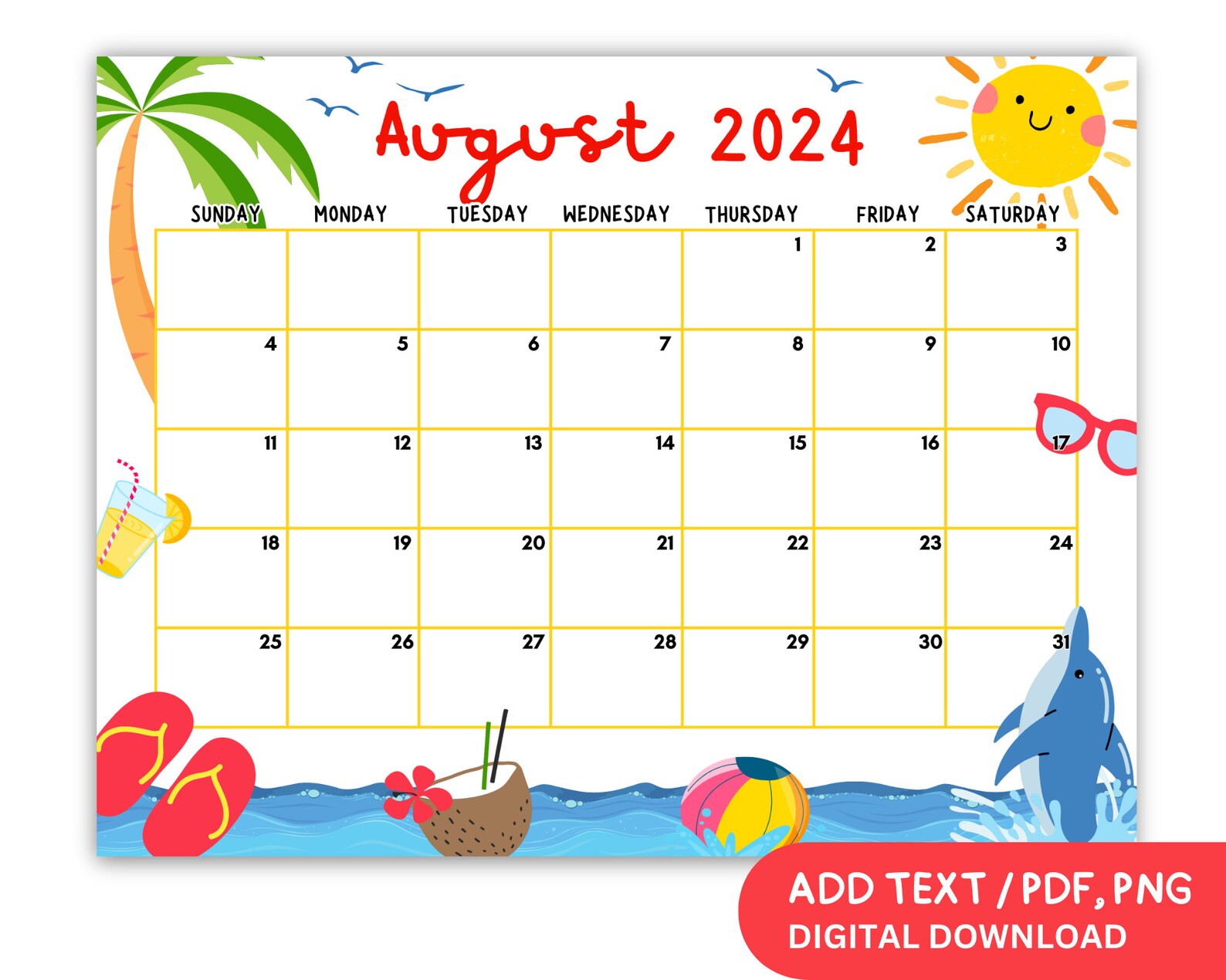 EDITABLE August 2024 Calendar Printable, Summer Calendar 2024 Printable ...