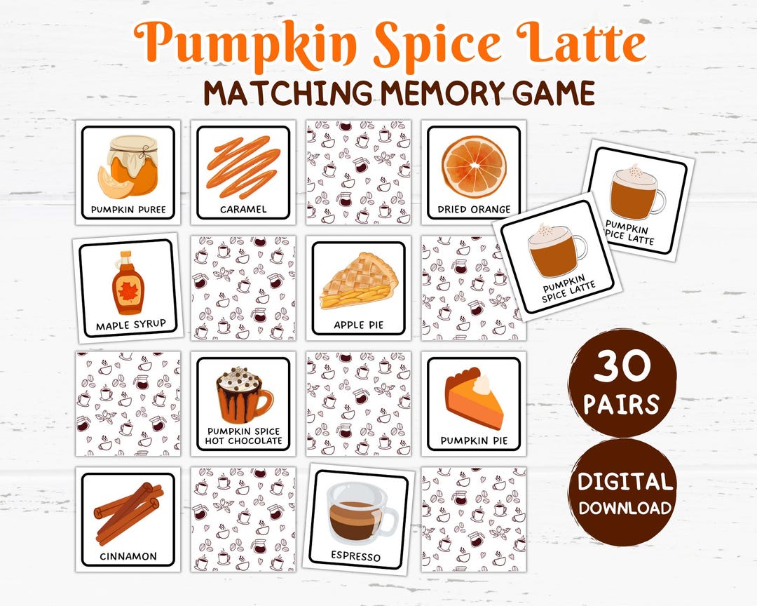 Pumpkin Spice Latte Memory Matching Game Printable, Fall Flashcards ...