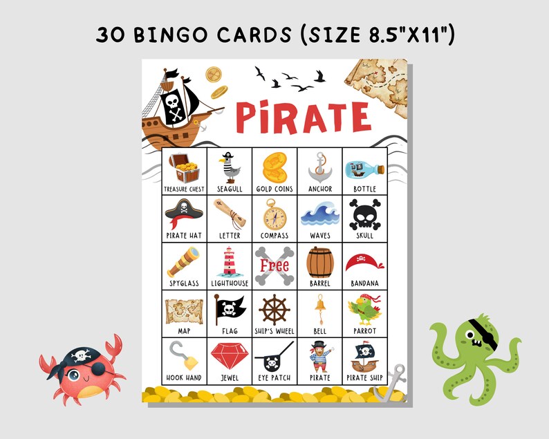 Pirate Bingo Cards, Pirate Activities, Pirate Birthday Party Printable ...