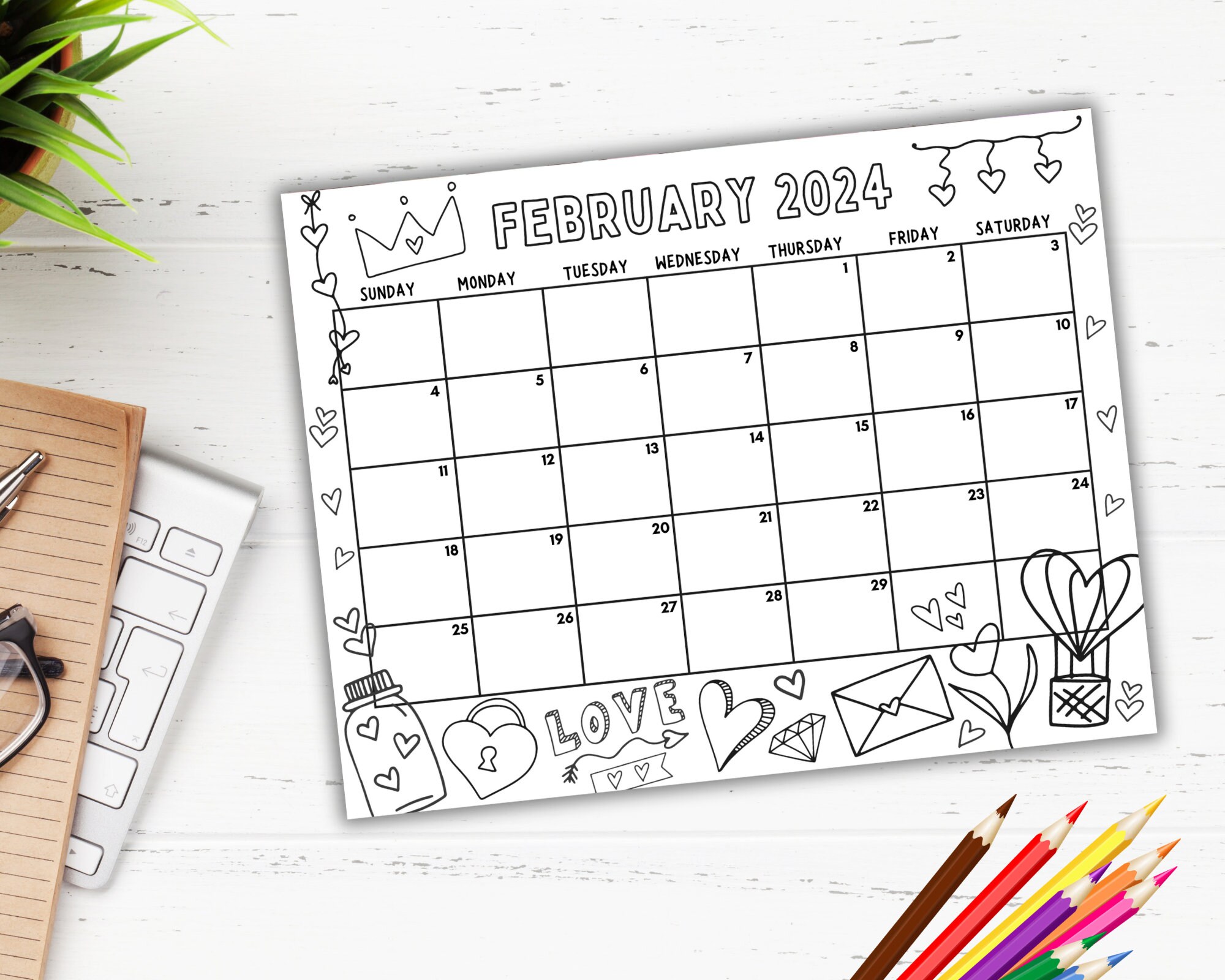 PRINTABLE February 2024 Calendar Printable, Coloring Calendar 2024 ...