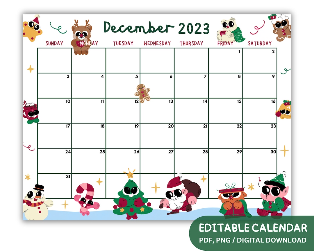 EDITABLE December 2023 Printable Calendar, Cute Christmas Calendar ...